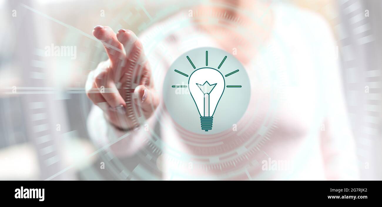 Woman touching a new technology innovation concept on a touch screen ...