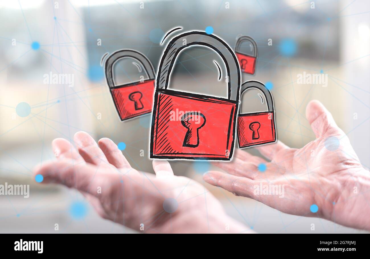 Cyber security concept above the hands of a man Stock Photo - Alamy