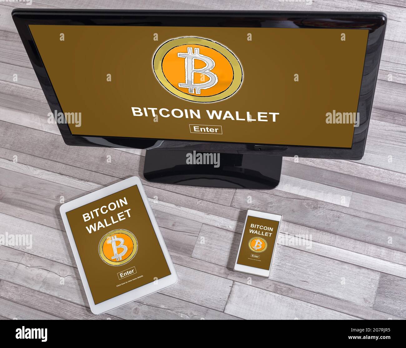 Bitcoin wallet concept shown on different information technology ...