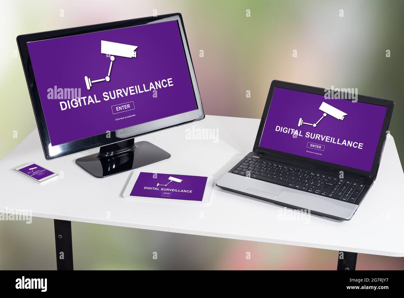 Digital surveillance concept shown on different information technology ...