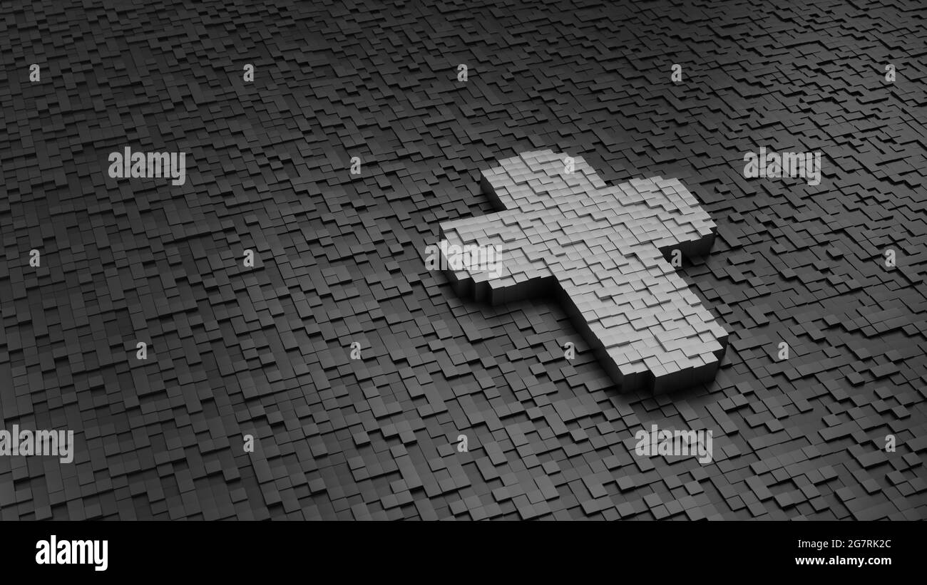3d rendering metal cubes in shape of symbol of catholic cross light ...