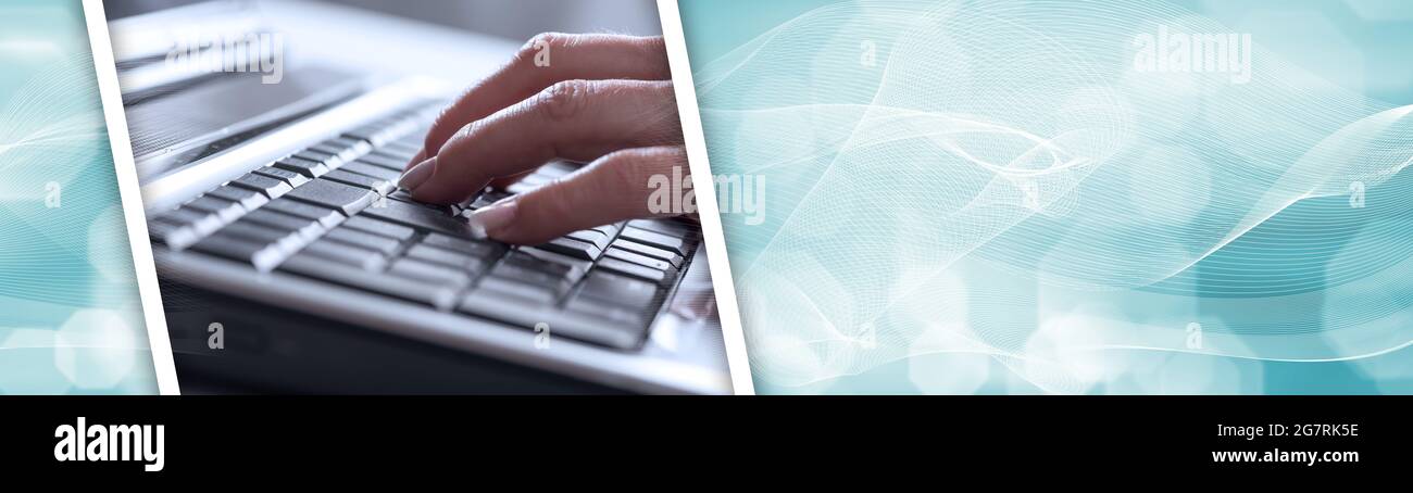 Female hands typing on a laptop keyboard. panoramic banner Stock Photo ...
