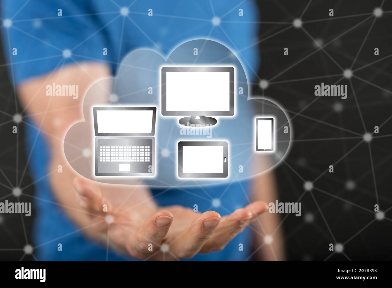 Devices connection concept above the hand of a man in background Stock ...