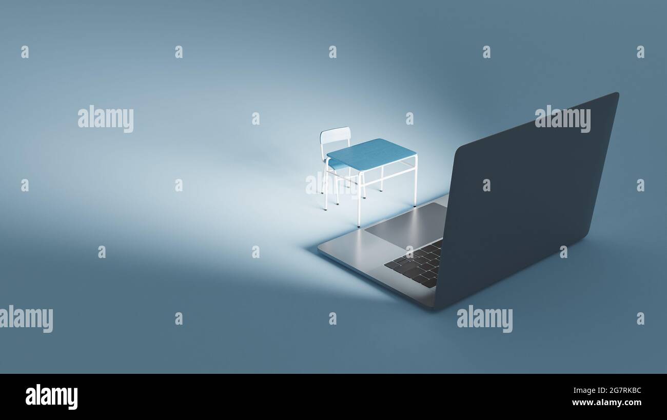 school desk in front of an illuminated laptop screen with space for ...