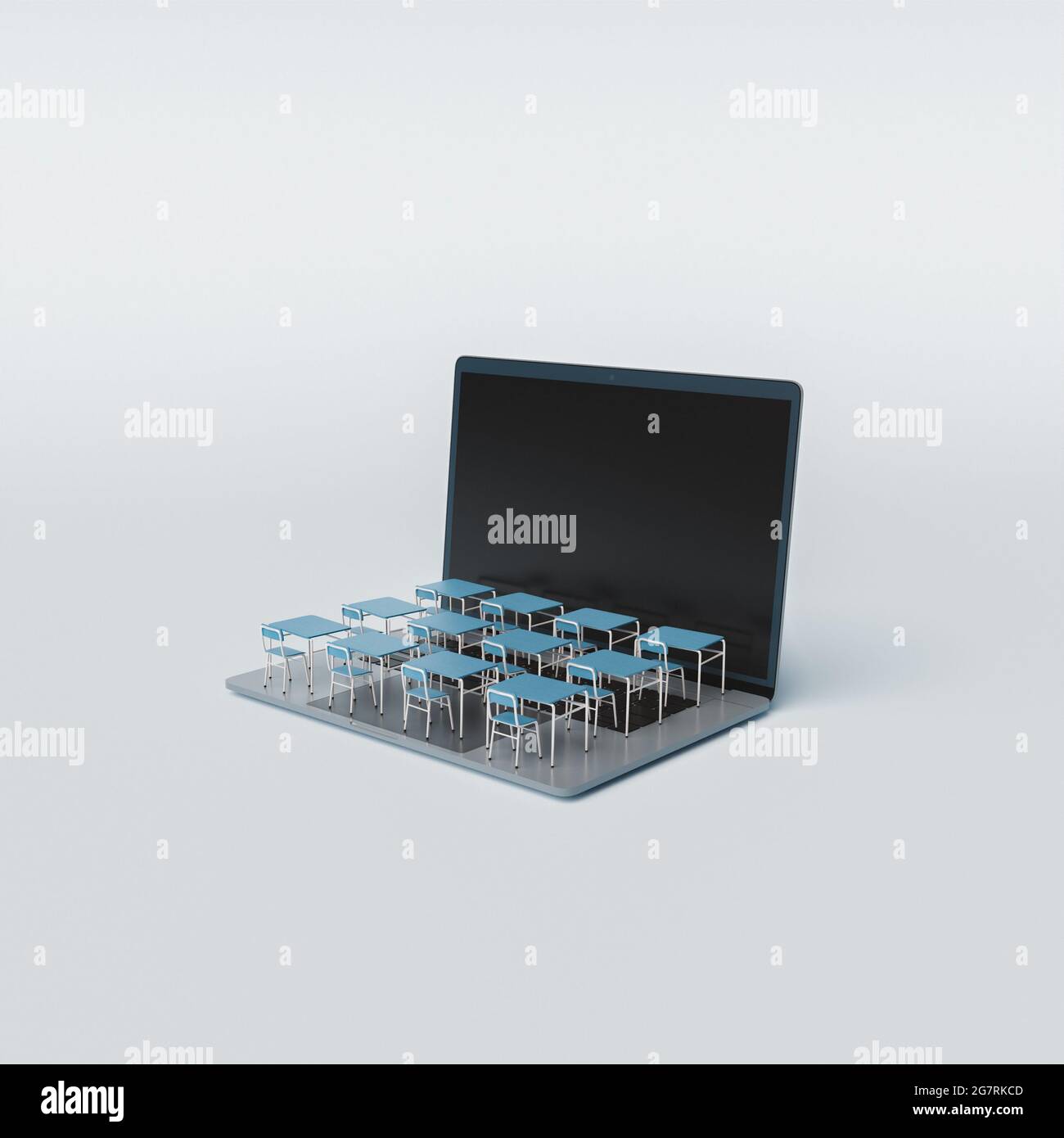 school desks on laptop in minimal concept of virtual classroom, online ...