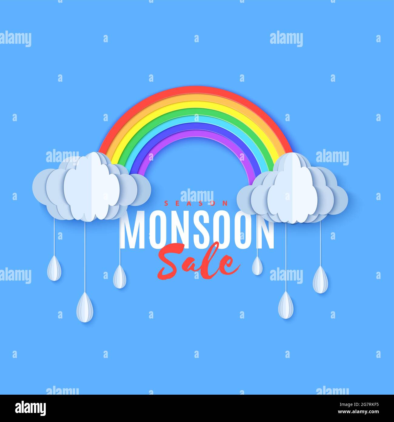 Rainbow and clouds with bangle falling drops in paper cut style. Vector ...