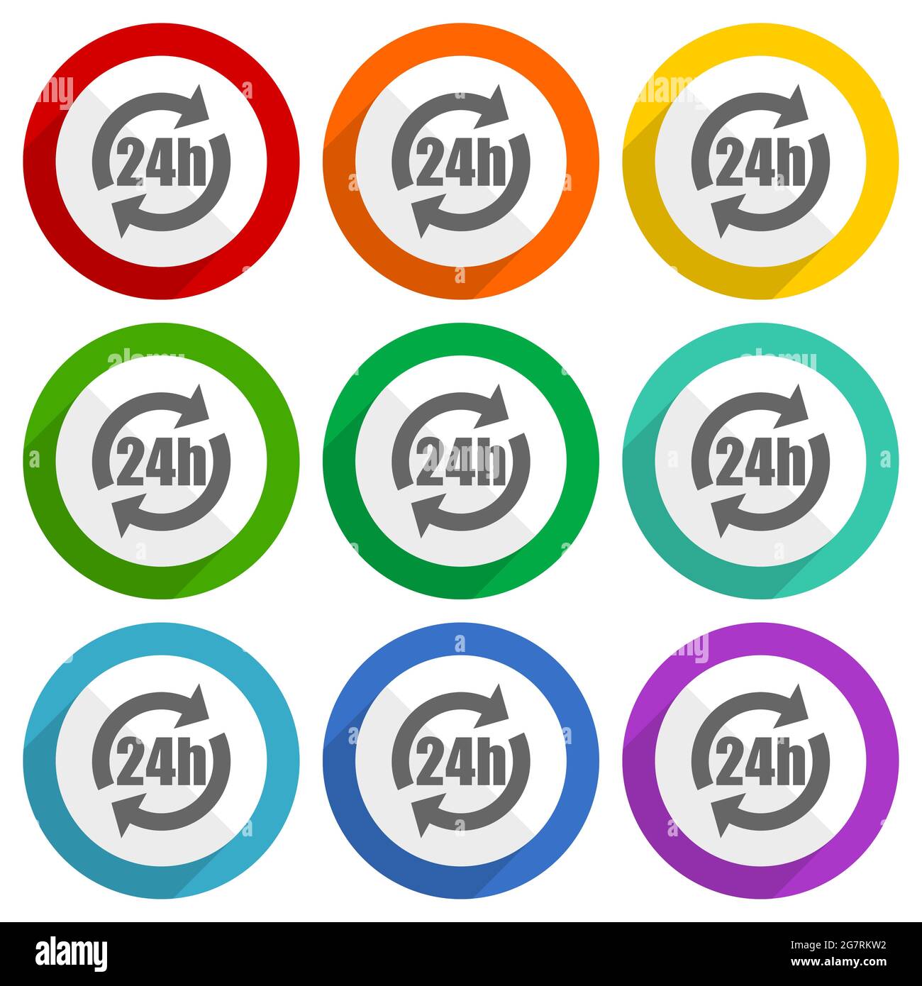 24h vector icons, set of colorful flat design buttons for webdesign and ...