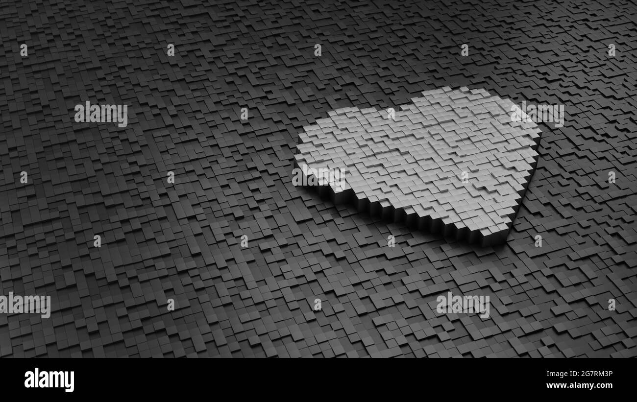 3d rendering metal cubes in shape of symbol of heart with pulse curve ...