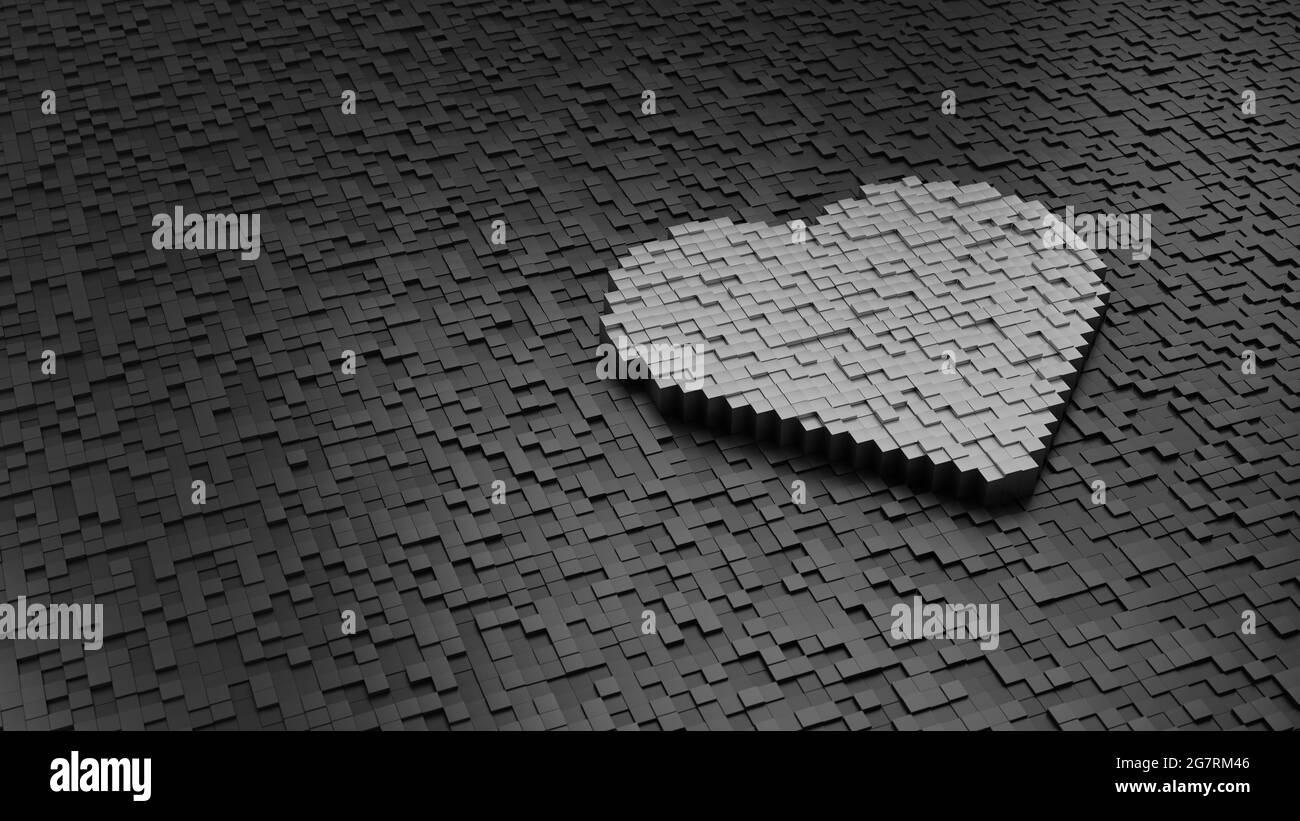 3d rendering metal cubes in shape of symbol of heart silhouette light ...