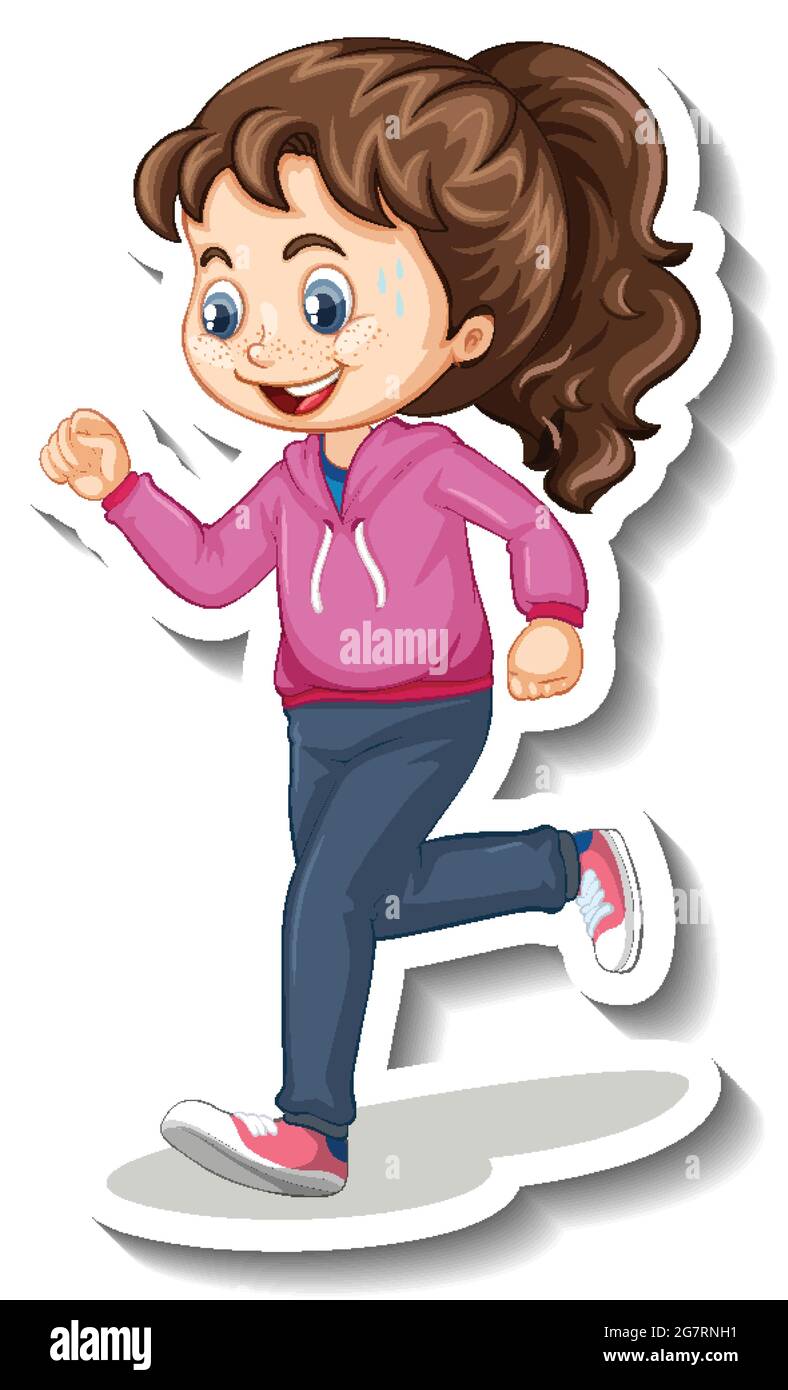 Cartoon character sticker with a girl jogging on white background ...