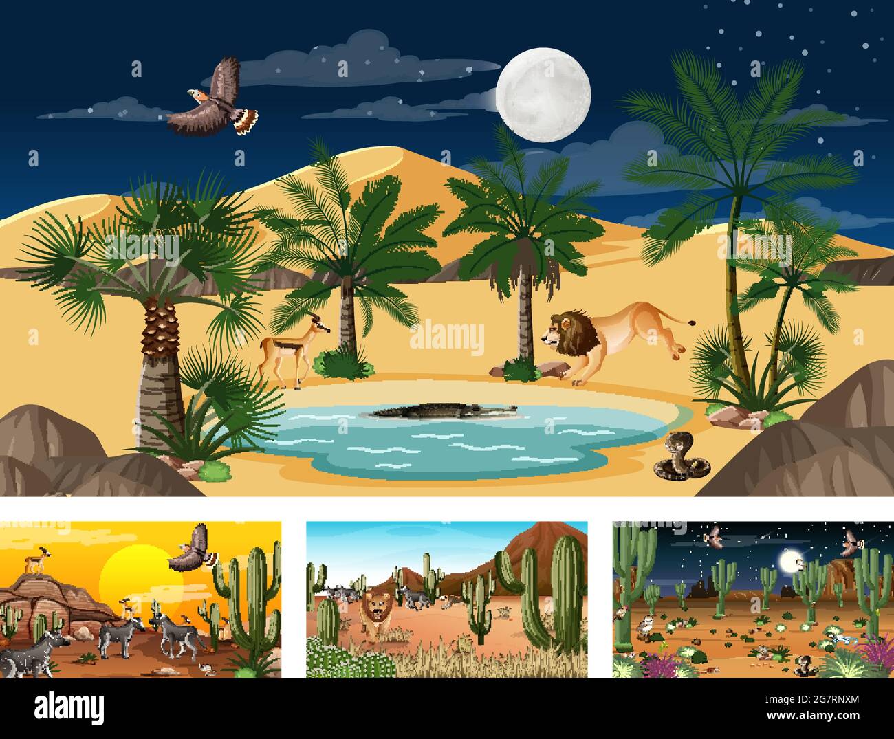 Different desert forest scenes with animals and plants illustration ...