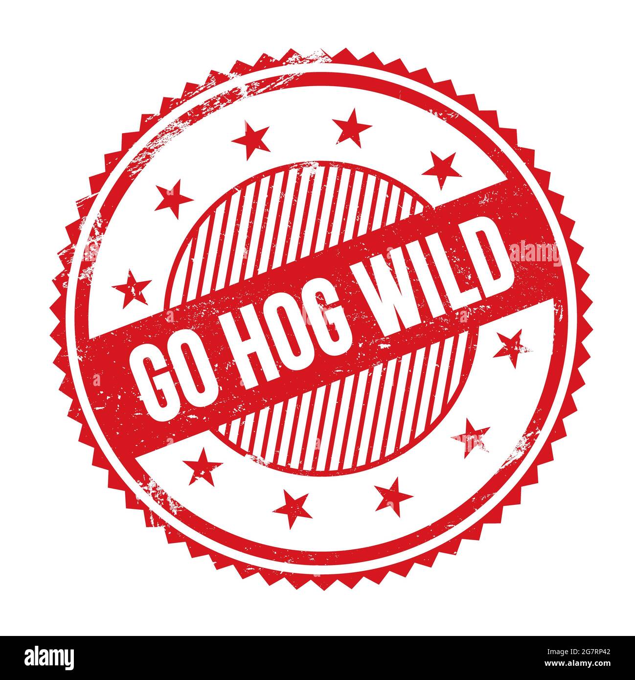 GO HOG WILD text written on red grungy zig zag borders round stamp ...
