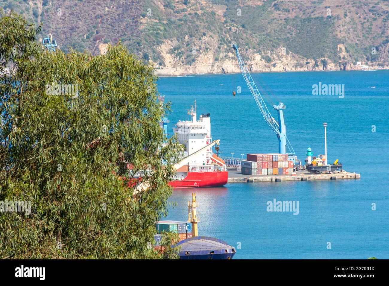 High-angle view of Skikda Port, shipping containers, oil tanker ship ...