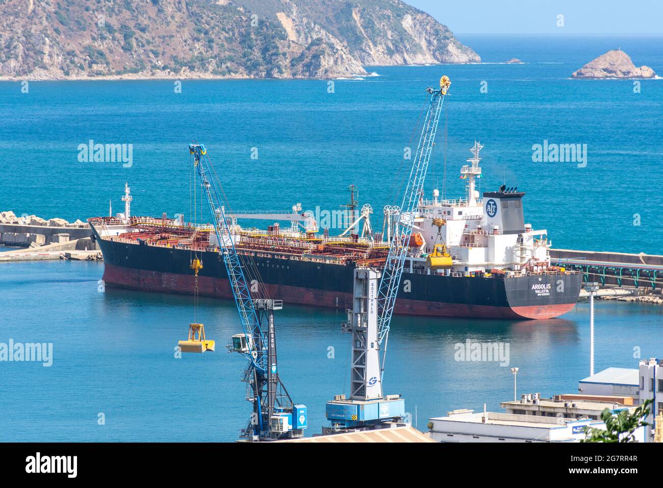 High-angle view of Skikda Port, shipping containers, oil tanker ship ...