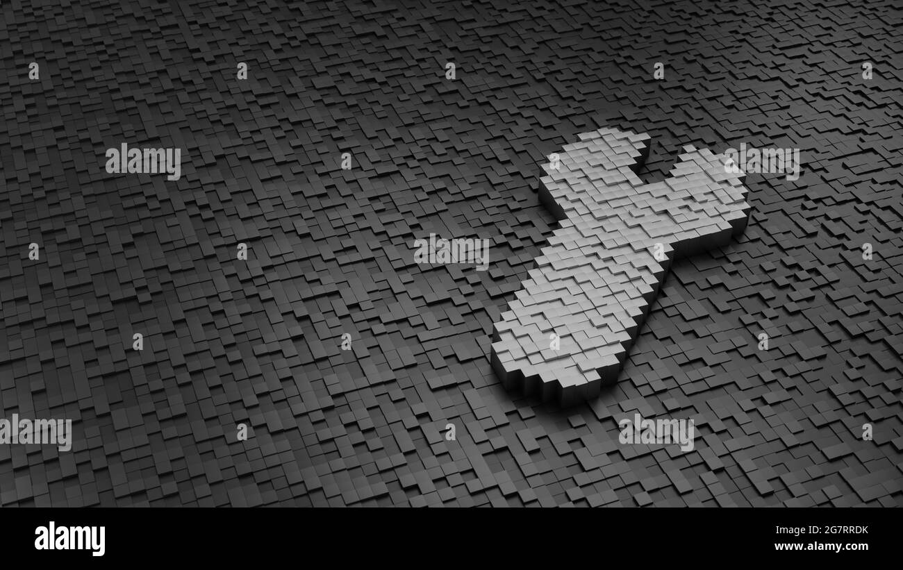 3d rendering metal cubes in shape of symbol of wrench with small hole ...