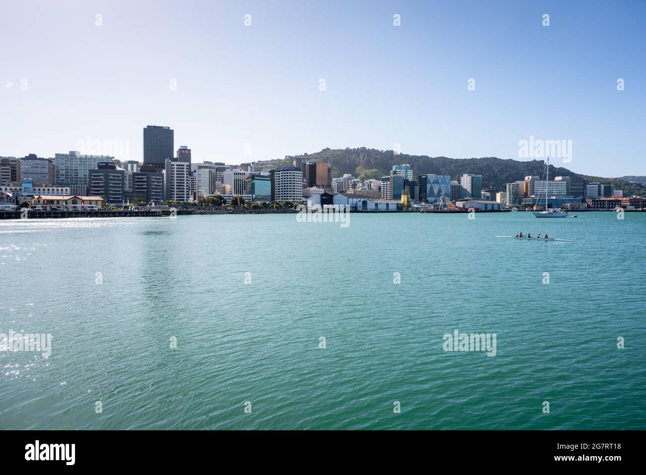 Bird's eye view of the sea and buildings in Wellington, New Zealand ...