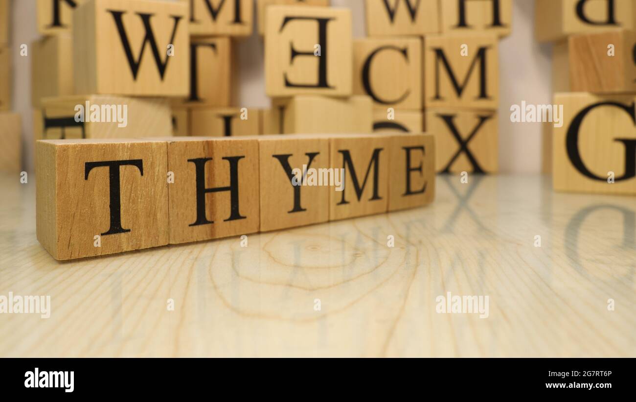 The word Thyme was created from wooden letter cubes. Gastronomy and ...
