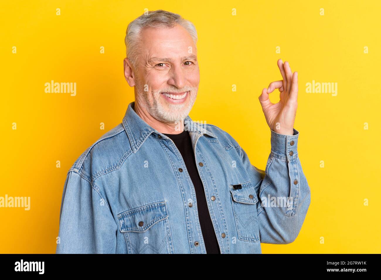 Photo of hooray mature granddad show okey sign wear jeans blazer ...