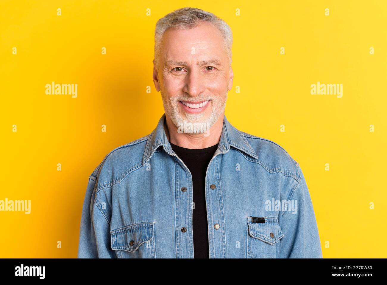 Photo of optimistic aged grandpa wear jeans blazer isolated on vibrant ...