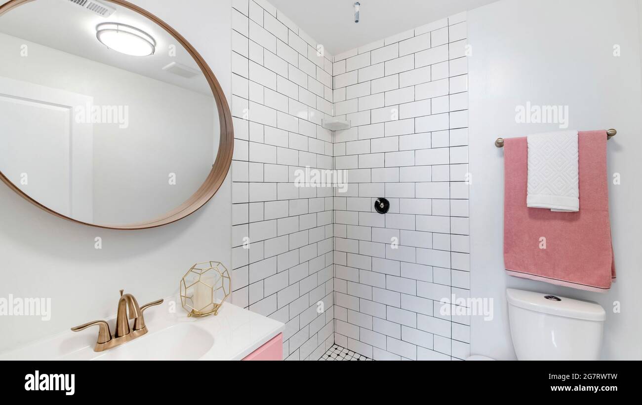Pano Interior of a bathroom with unfinished shower stall Stock Photo ...
