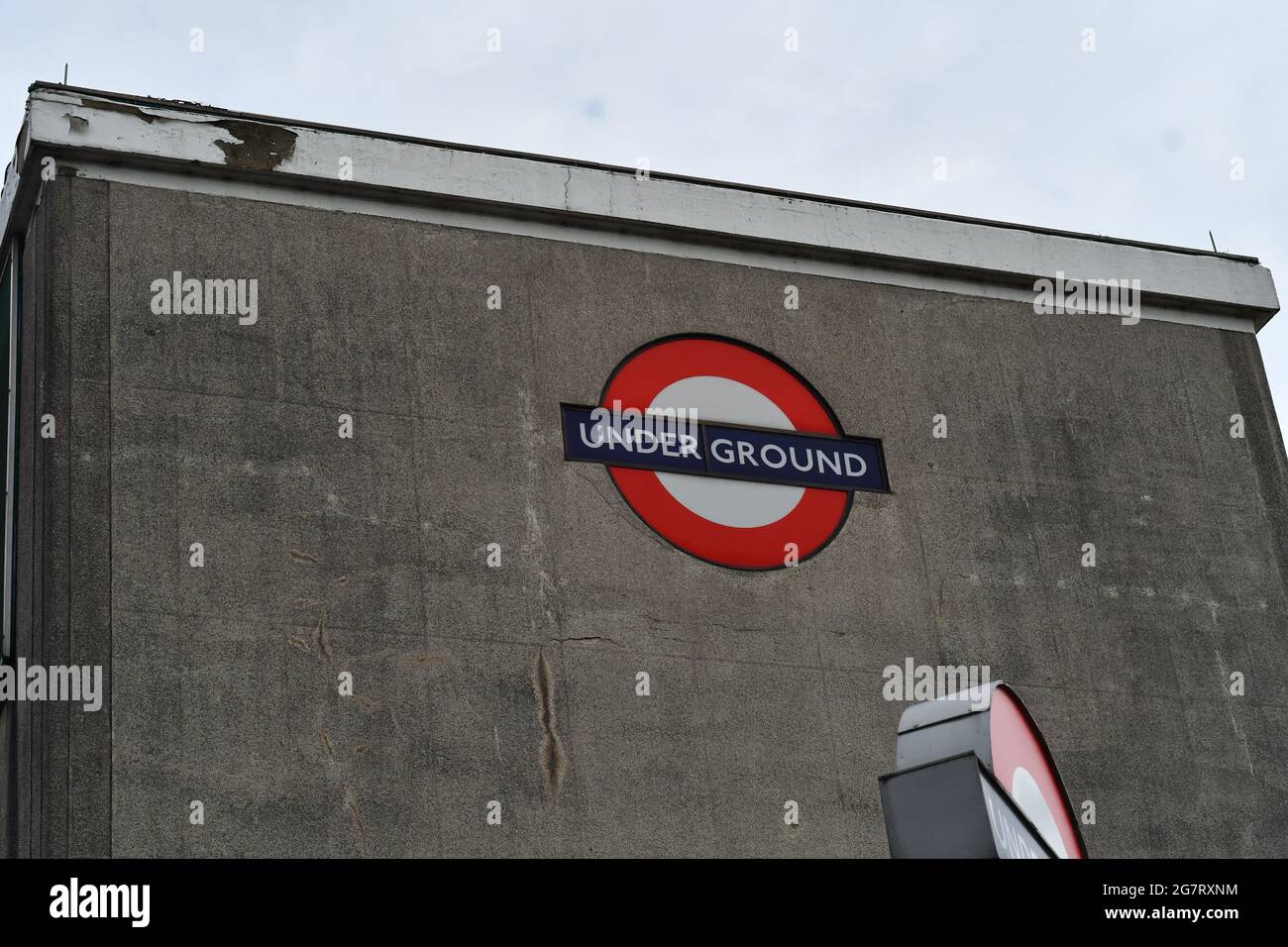 London underground red white and blue tube station signs Stock Photo ...