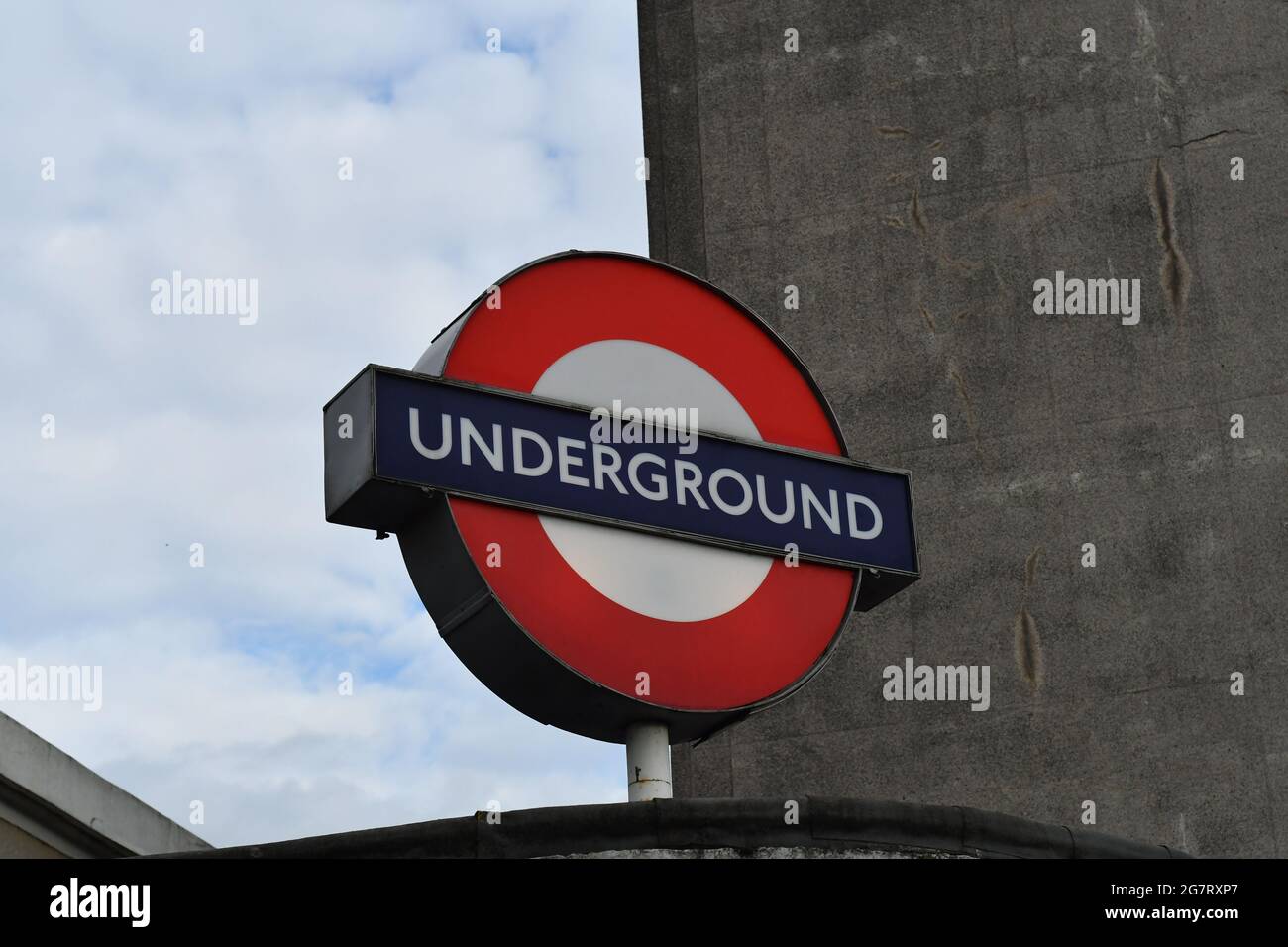 London underground red white and blue tube station signs Stock Photo ...