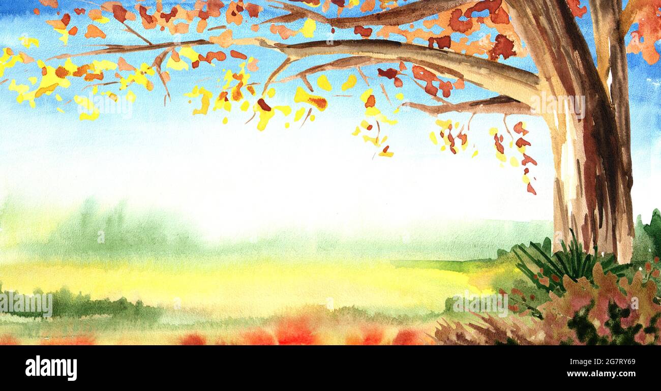Autumn horizontal template and background. Watercolor hand drawn ...