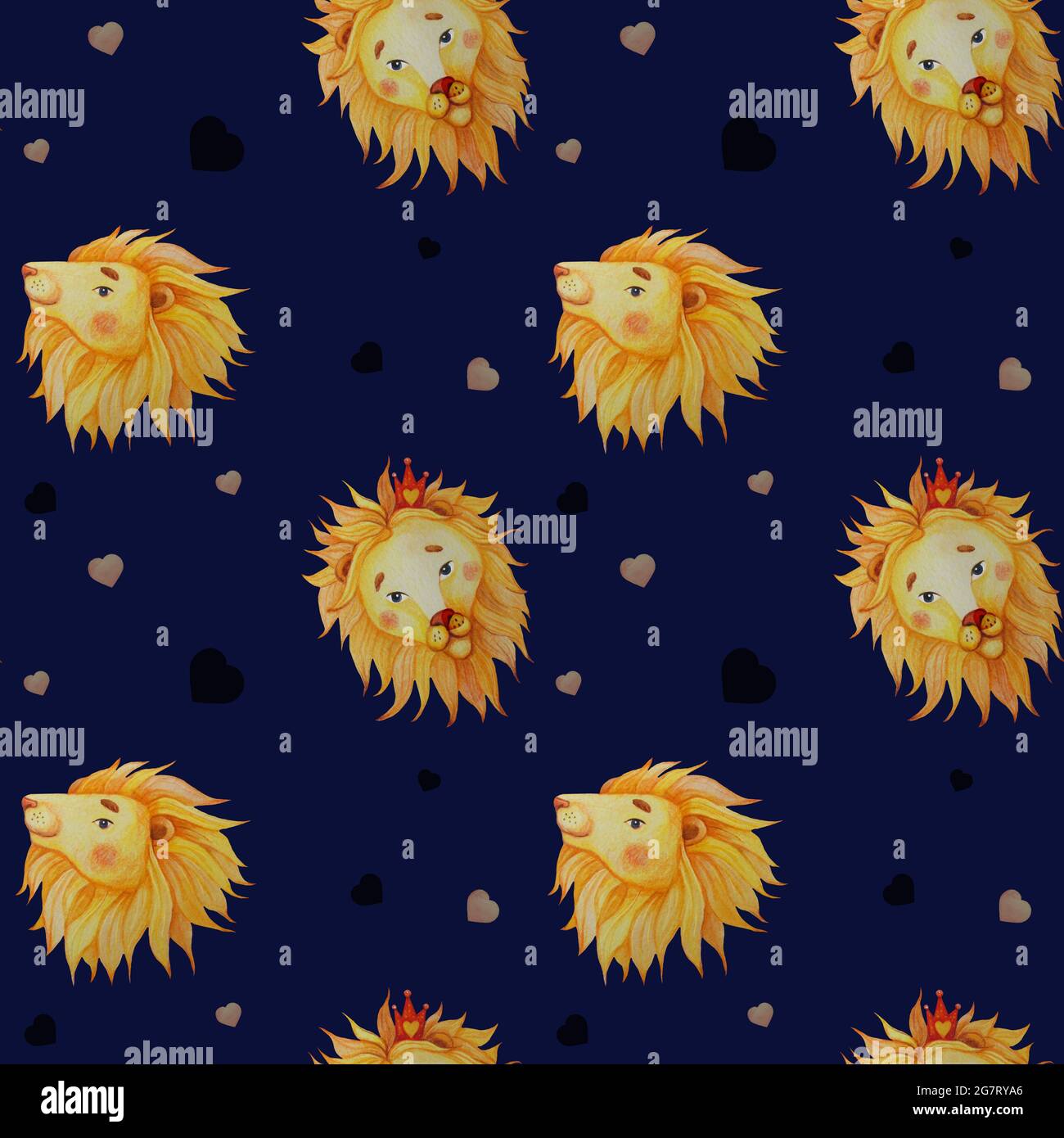 Seamless patterns. Lions with mane on a dark blue background with ...