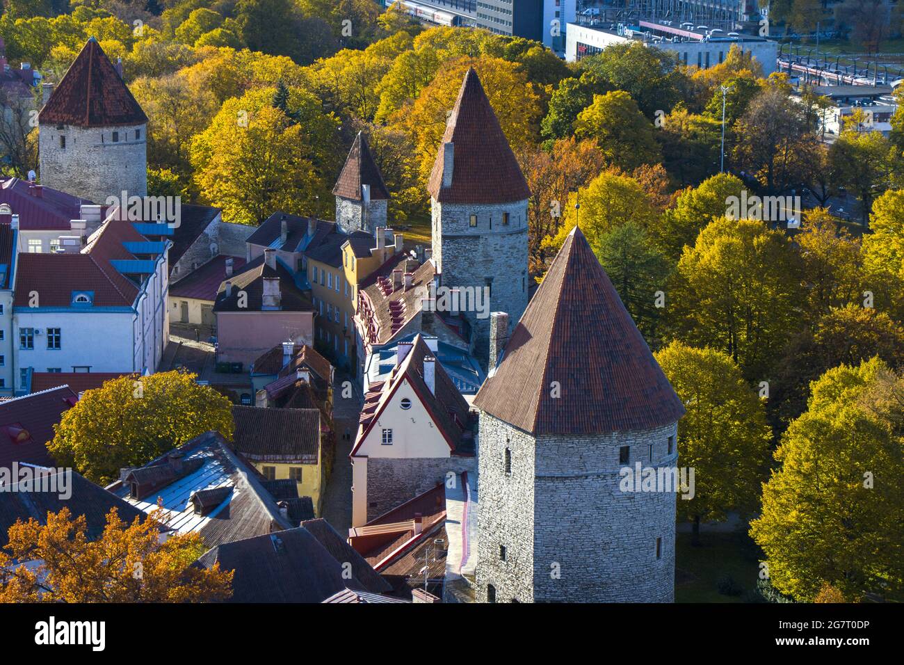 Aerial of the city of Tallinn with towers and castles. City view of ...