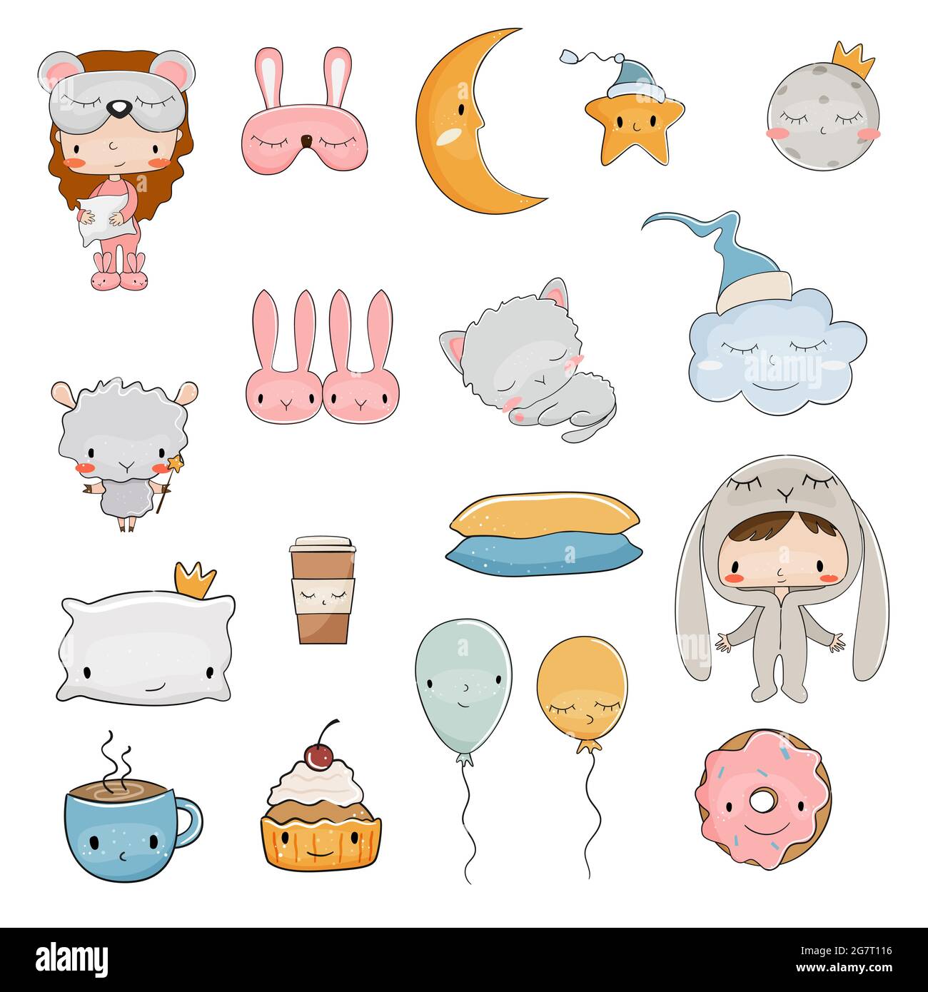 Pajama party cute cartoon set. Vector illustration Stock Vector Image ...