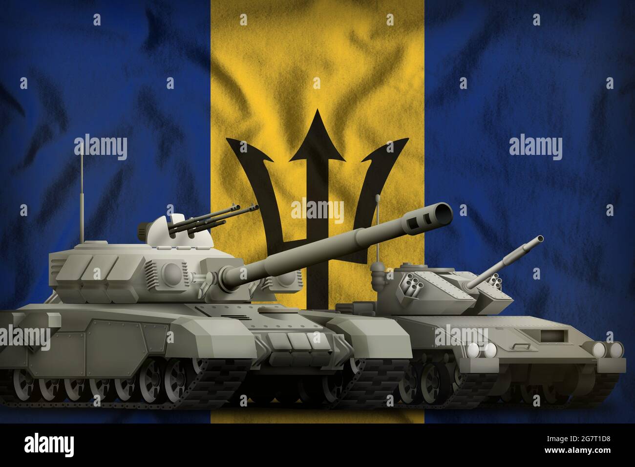 tanks on the Barbados flag background. Barbados tank forces concept. 3d ...