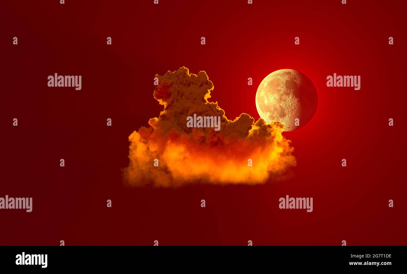 alone red cumulus cloud with moon - nature 3D illustration Stock Photo ...