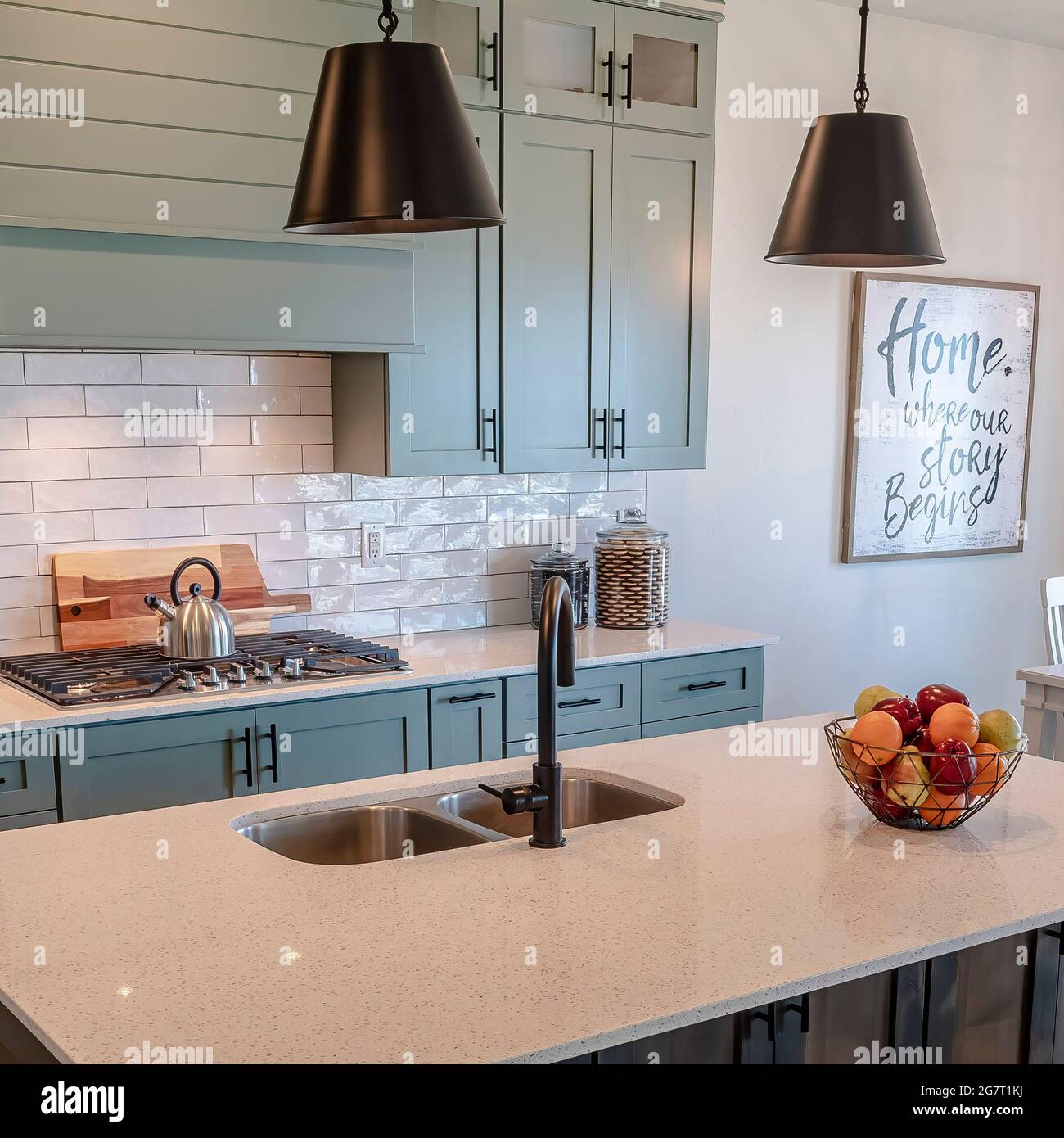 Square frame Kitchen and dining room of home with island cabinets and ...