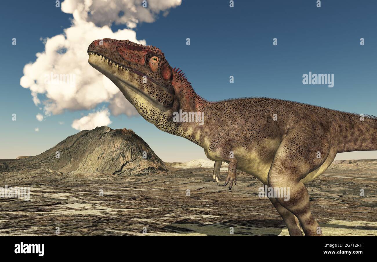 Dinosaur Mapusaurus and volcano Stock Photo - Alamy