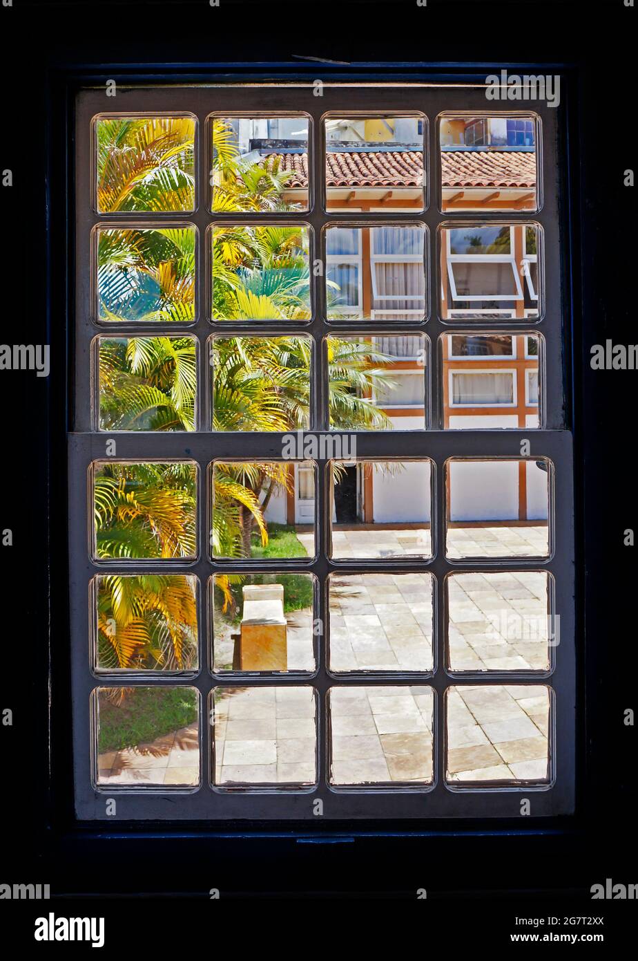 Colonial window with view of Diamantina, historical city in Brazil ...