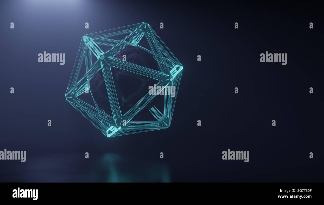 Metallic sphere in glowing light blue frame. Sci-fi abstraction ...