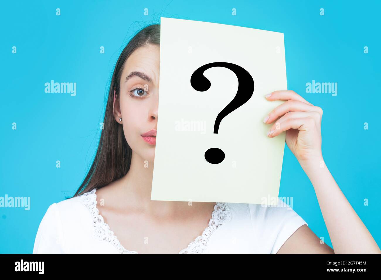 Unknown woman holding question mark. Girl holding paper question mark ...