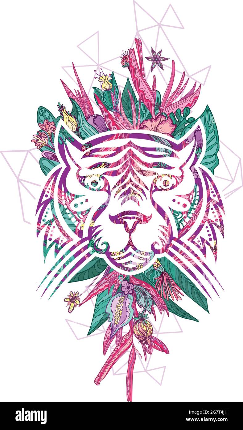 Wild cat texture with geometric shapes and exotic plants background ...
