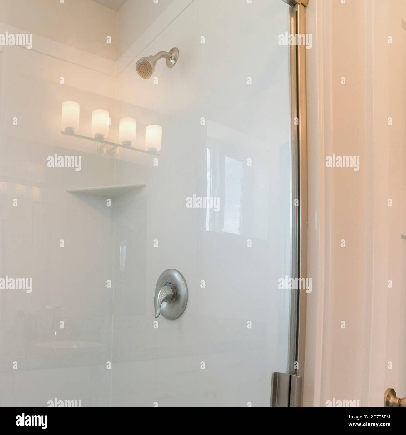 Square frame Bathroom interior of a shower stall with glass and ...