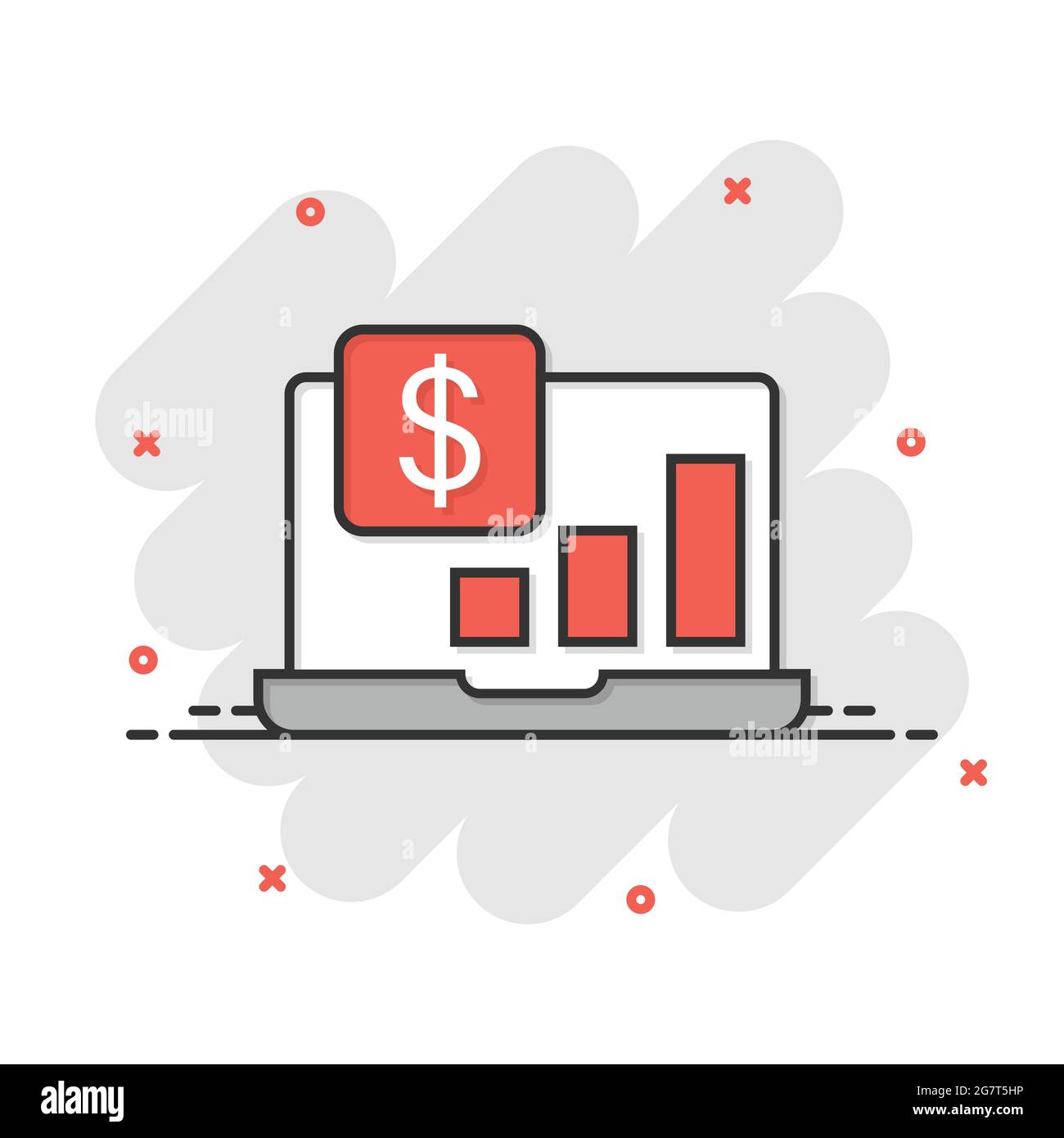 Laptop computer chart icon in comic style. Money diagram cartoon vector ...