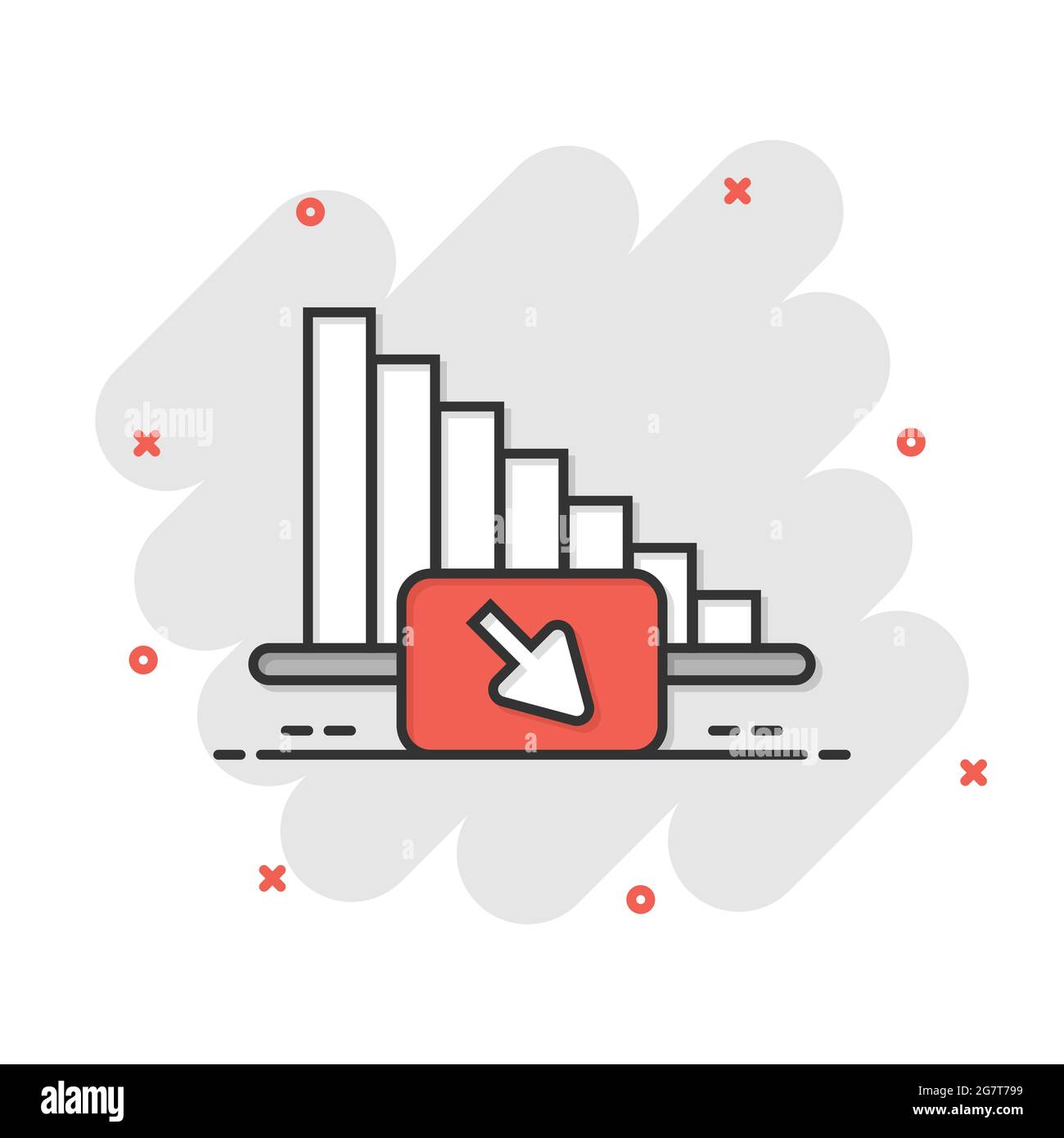 Market trend icon in comic style. Decline arrow with magnifier cartoon vector illustration on ...