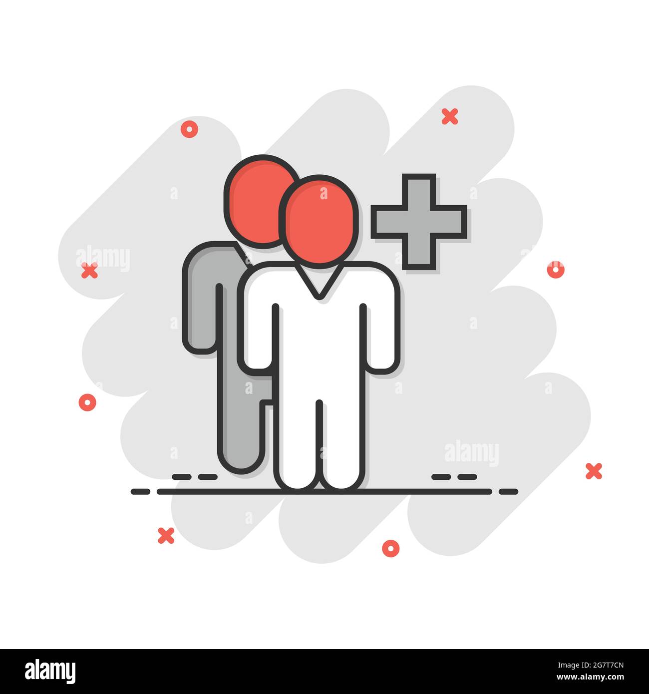 People with plus icon in comic style. Staff cartoon vector collection ...