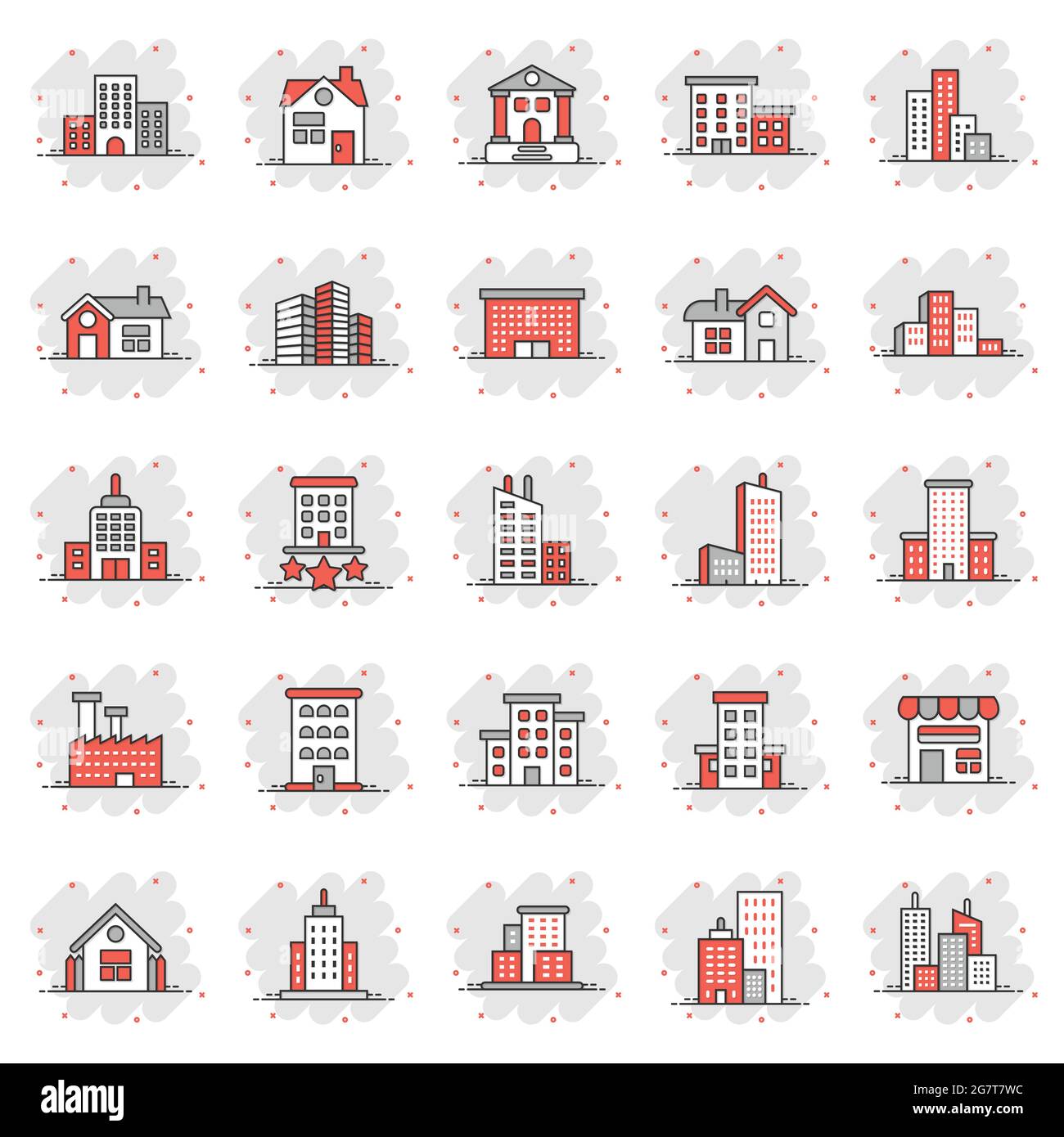Building icon set in comic style. Town skyscraper apartment cartoon ...