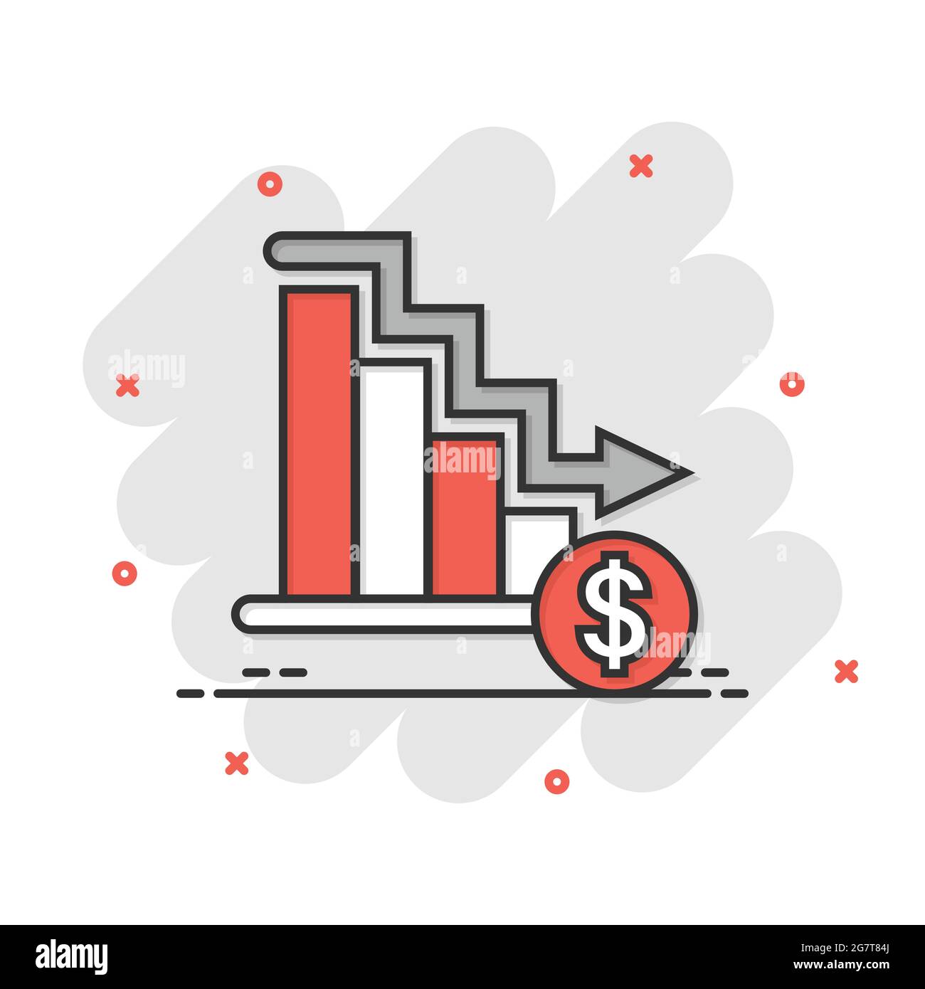Market trend icon in comic style. Decline arrow with magnifier cartoon ...