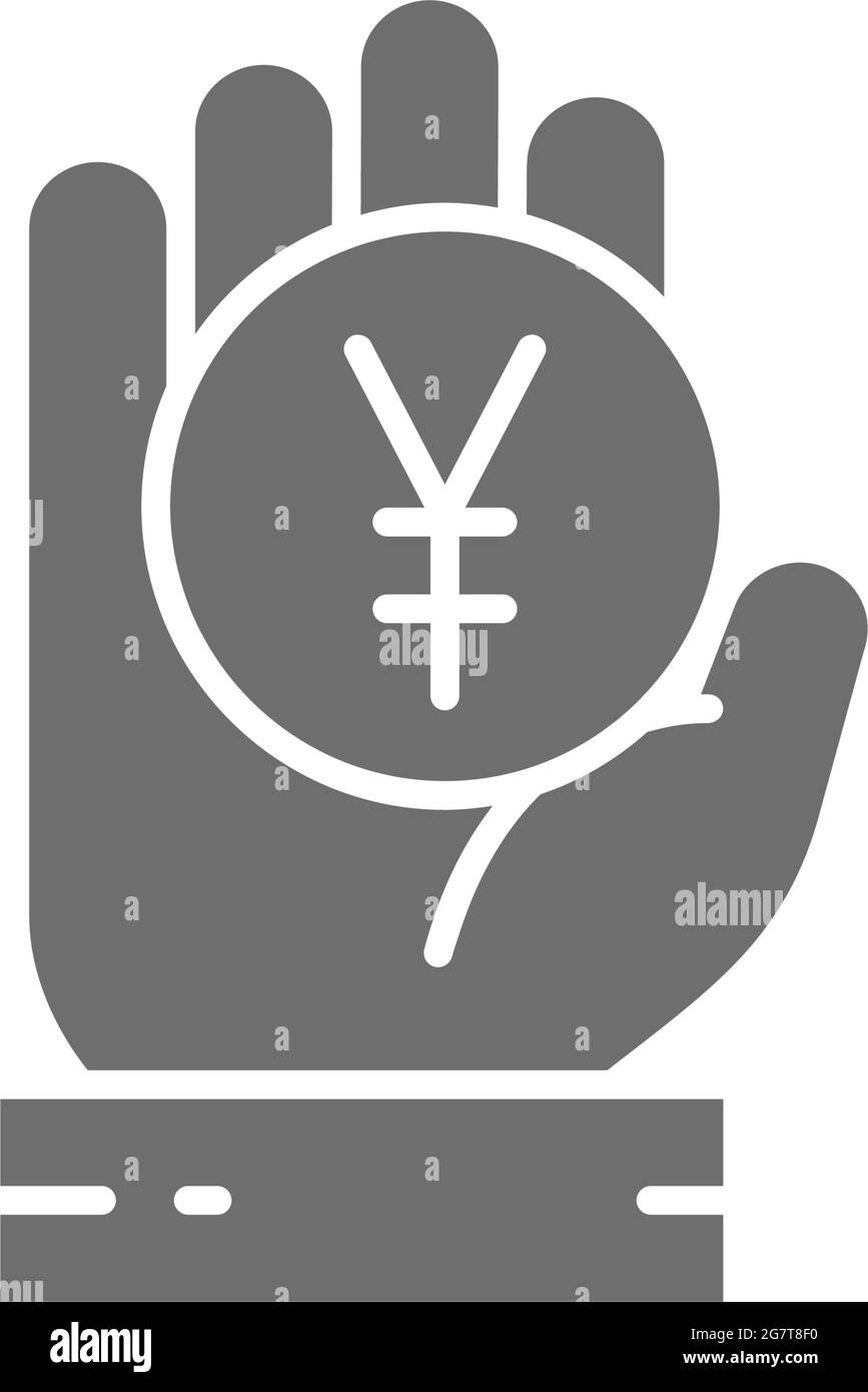 Vector Chinese Yen, coin, money in hand grey icon. Symbol and sign ...