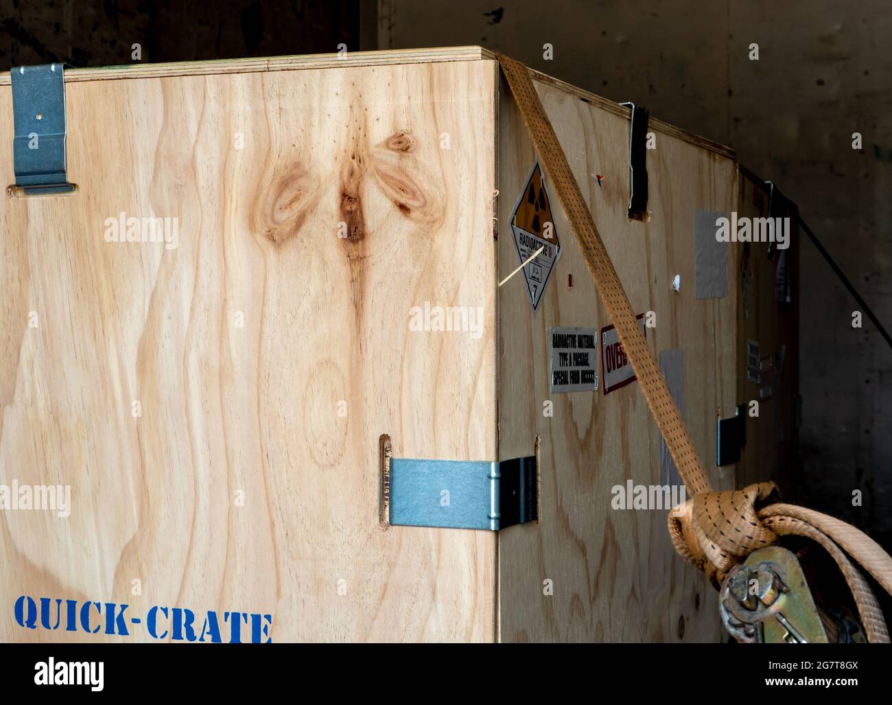 Radioactive material label beside the transportation wooden box Type A ...