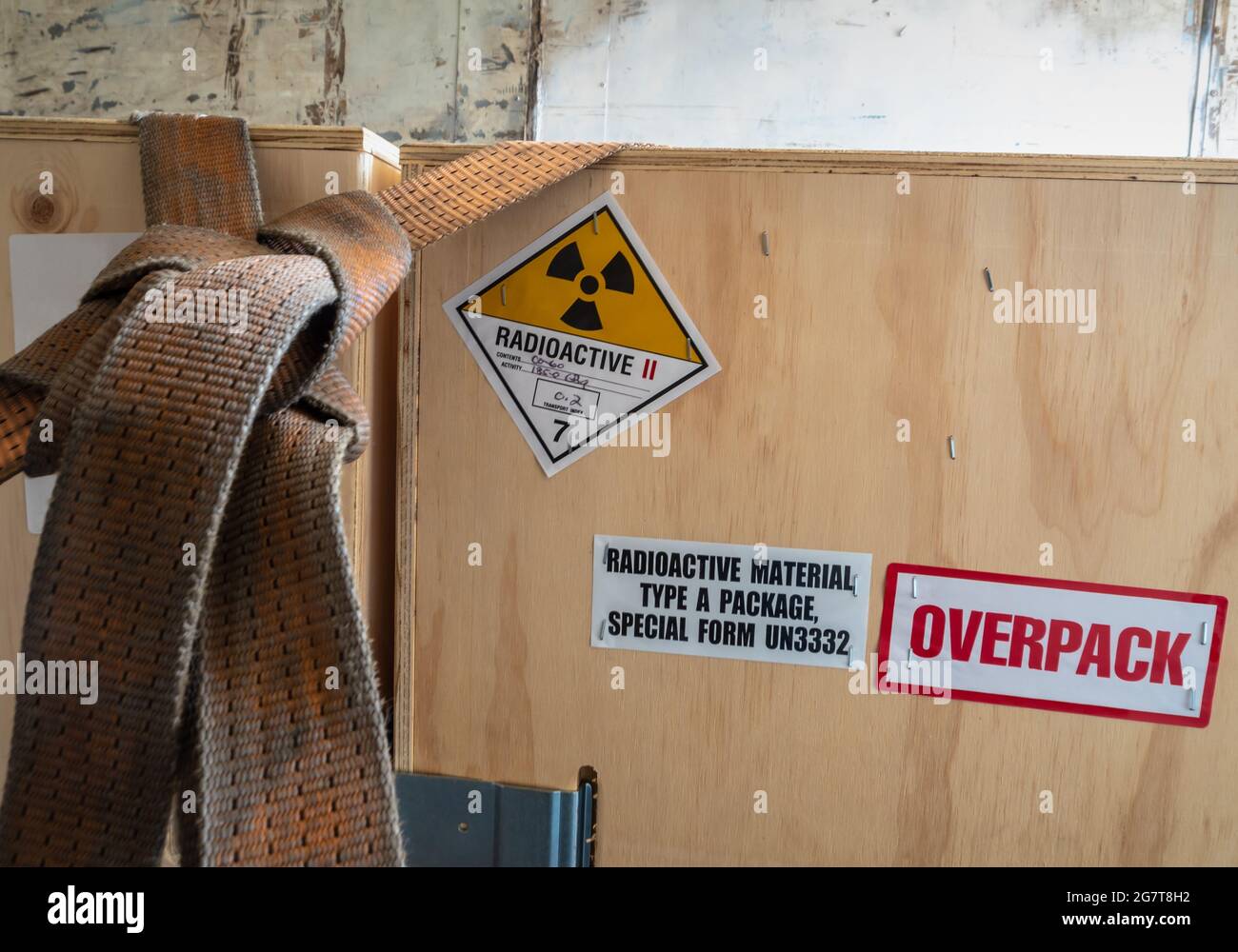 Radioactive material label beside the transportation wooden box Type A ...