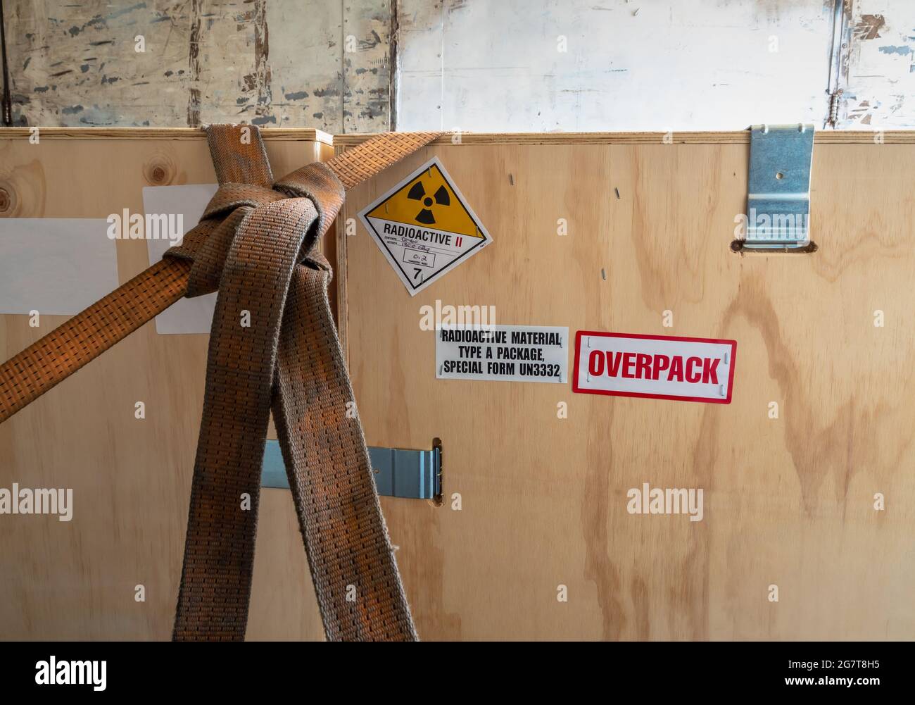 Radioactive material label beside the transportation wooden box Type A ...