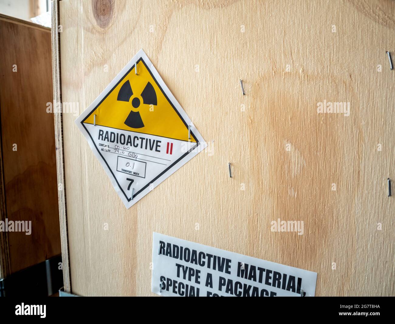 Radiation label beside the transport wooden box Type A package Stock ...