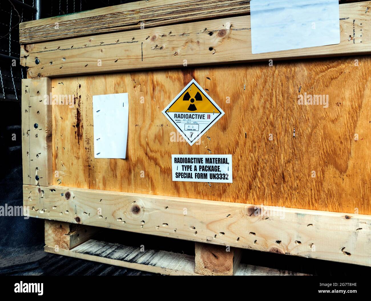 Radioactive material label beside the transportation wooden box Type A ...